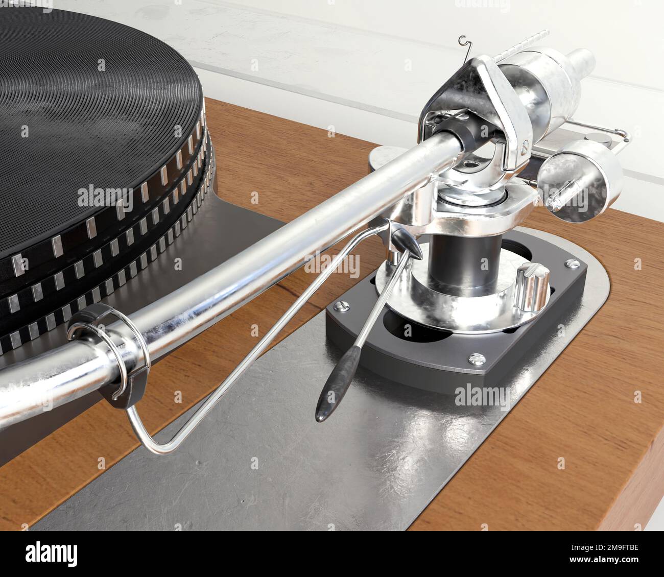 A 3D render of a turntable record player with a tone arm on a white ...