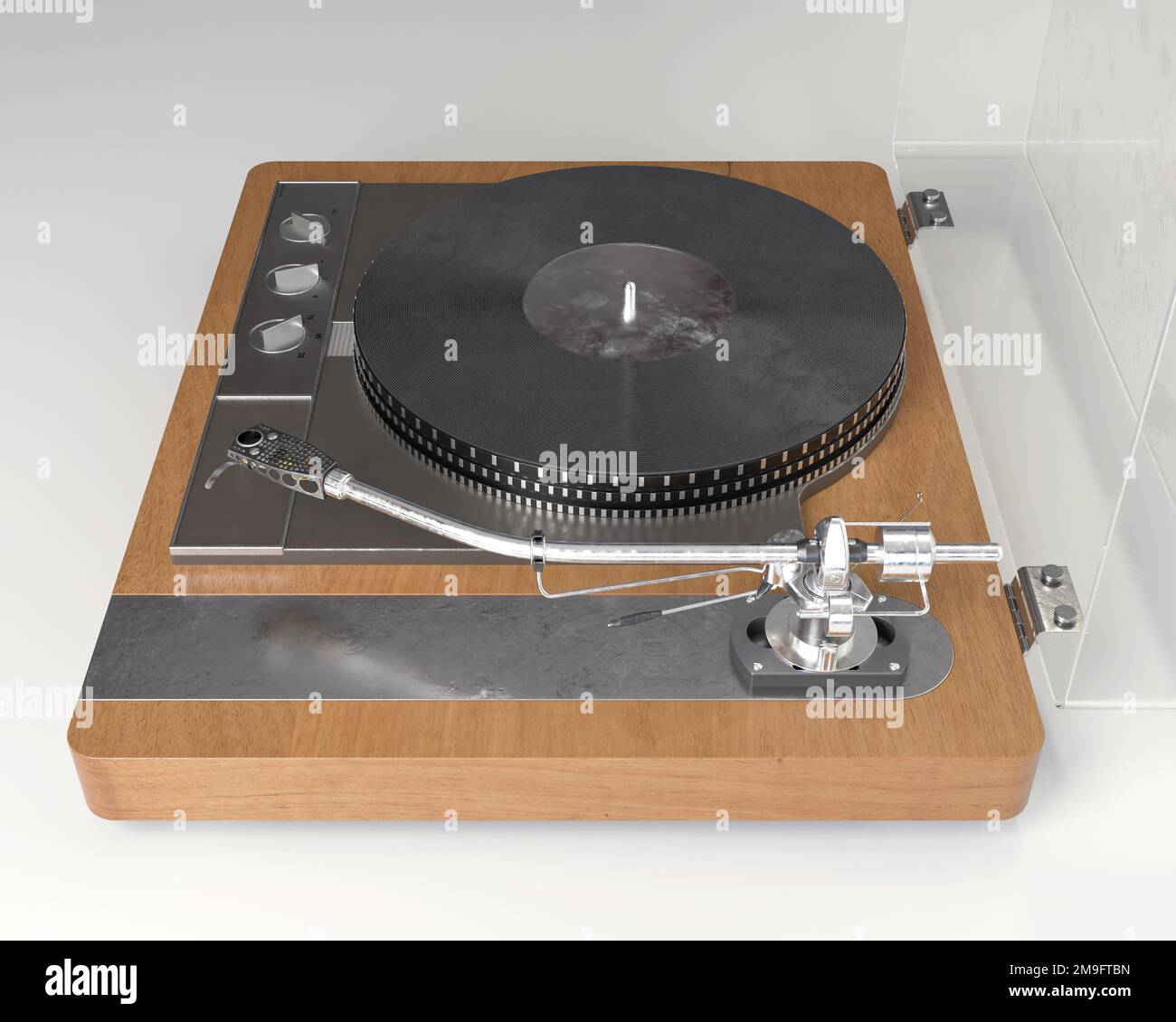 A 3D render of a turntable record player with a tone arm on a white ...