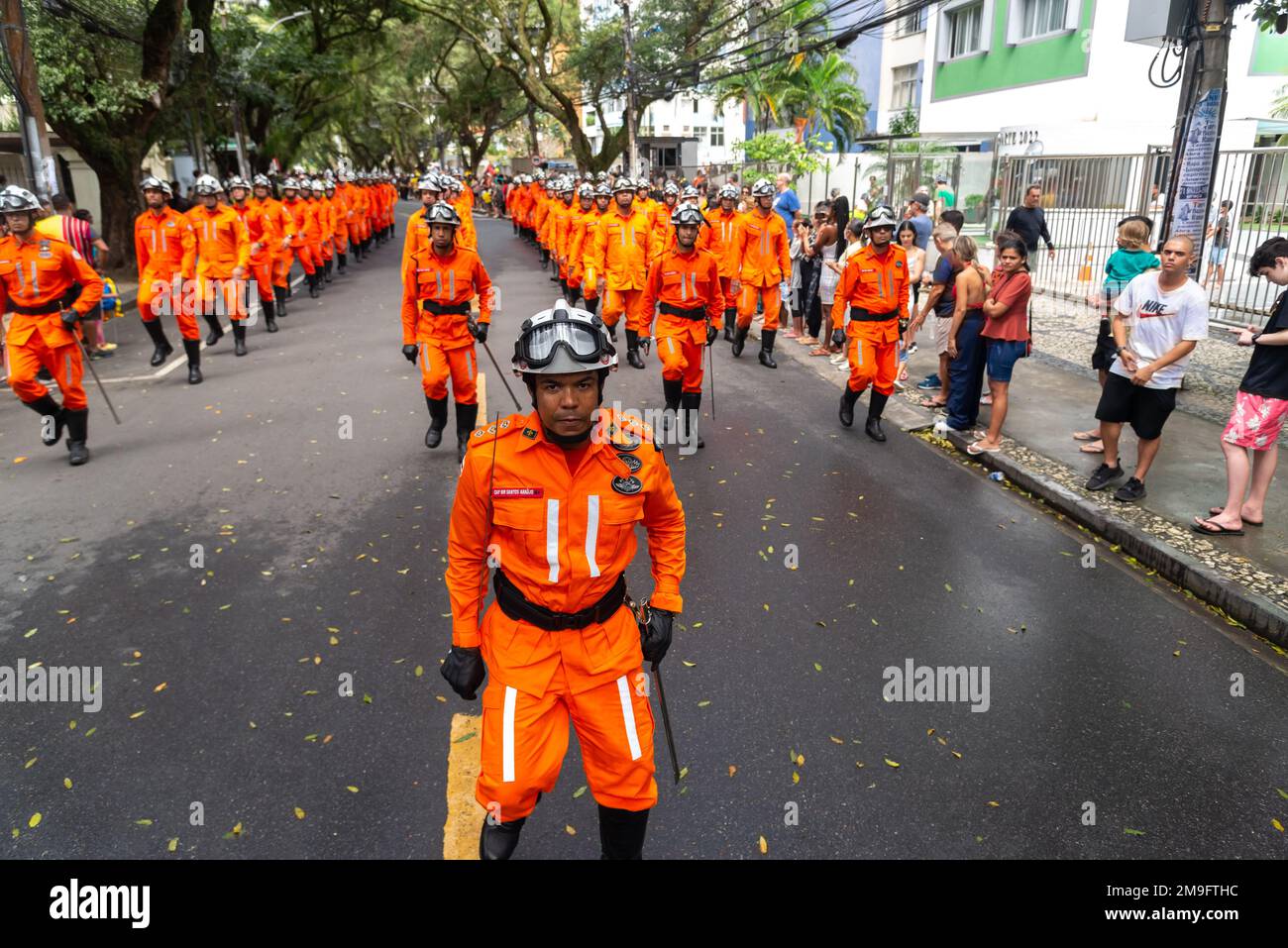 Soldiers of the Bahia Fire Department parading on Brazilian Independece ...