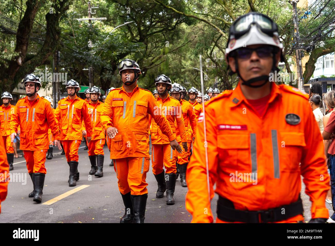 Soldiers of the Bahia Fire Department parading on Brazilian Independece ...
