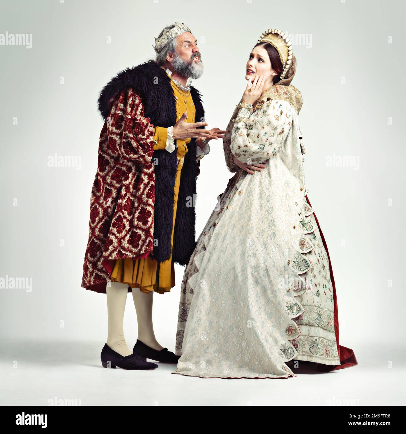 Anger, medieval and king with queen on a white background for argument ...