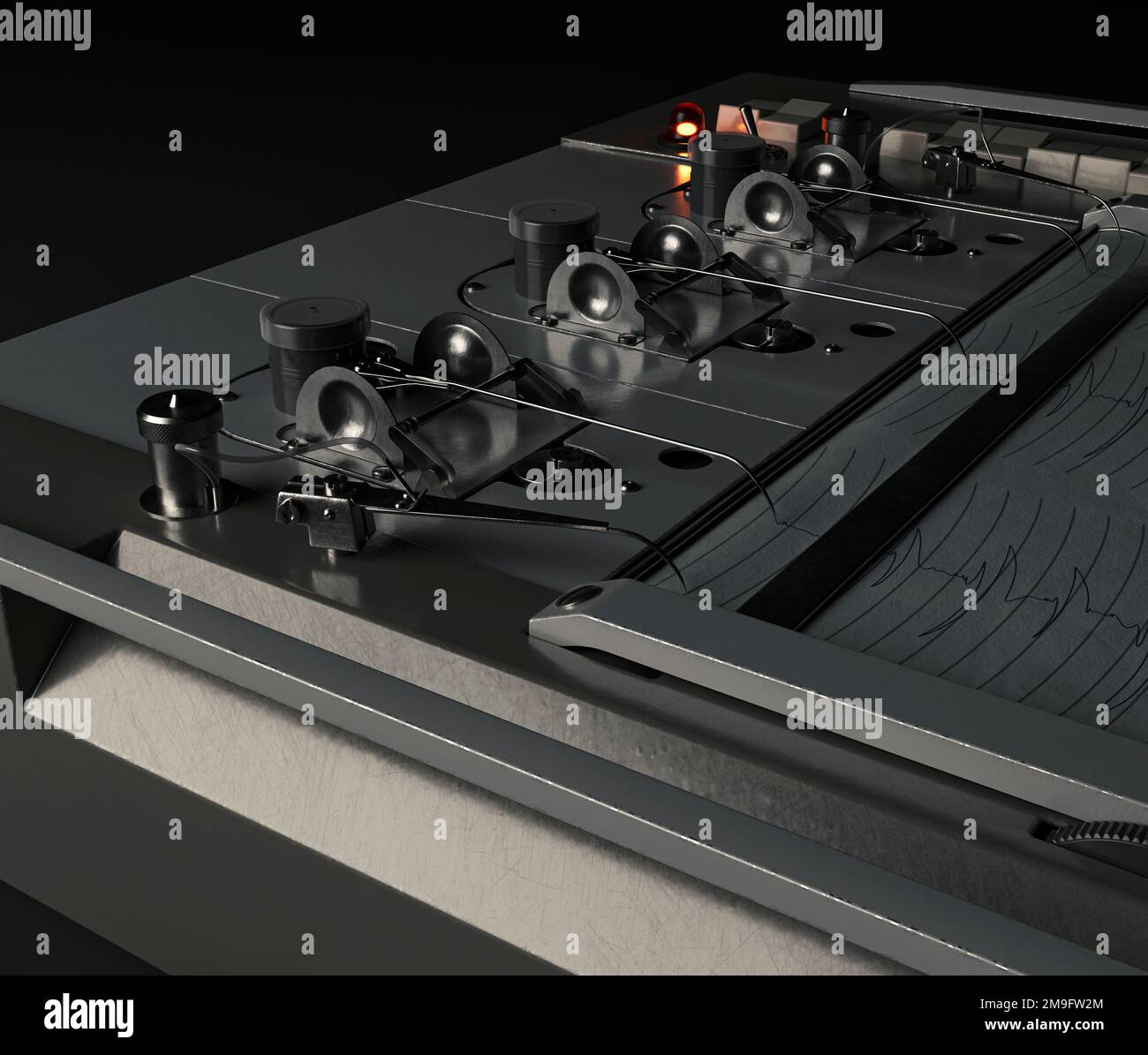 A russian polygraph lie detector machine drawing lines on graph paper ...