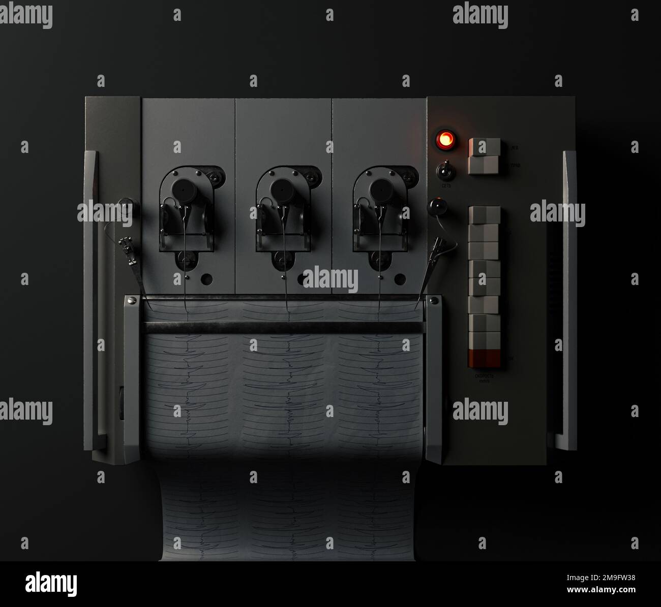 A russian polygraph lie detector machine drawing lines on graph paper ...
