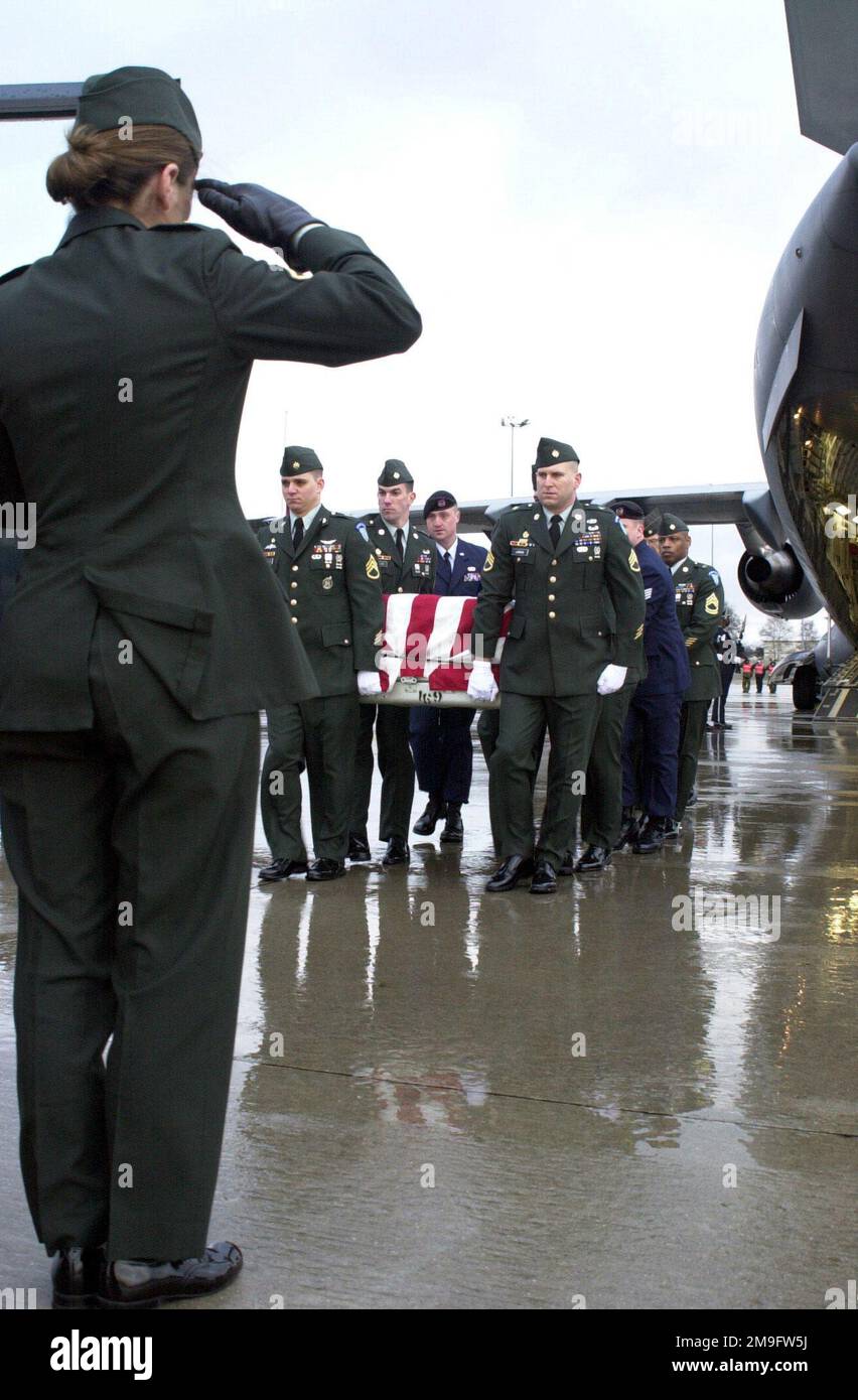 A soldier salutes a fallen comrade during a Fallen Soldier Ceremony at ...