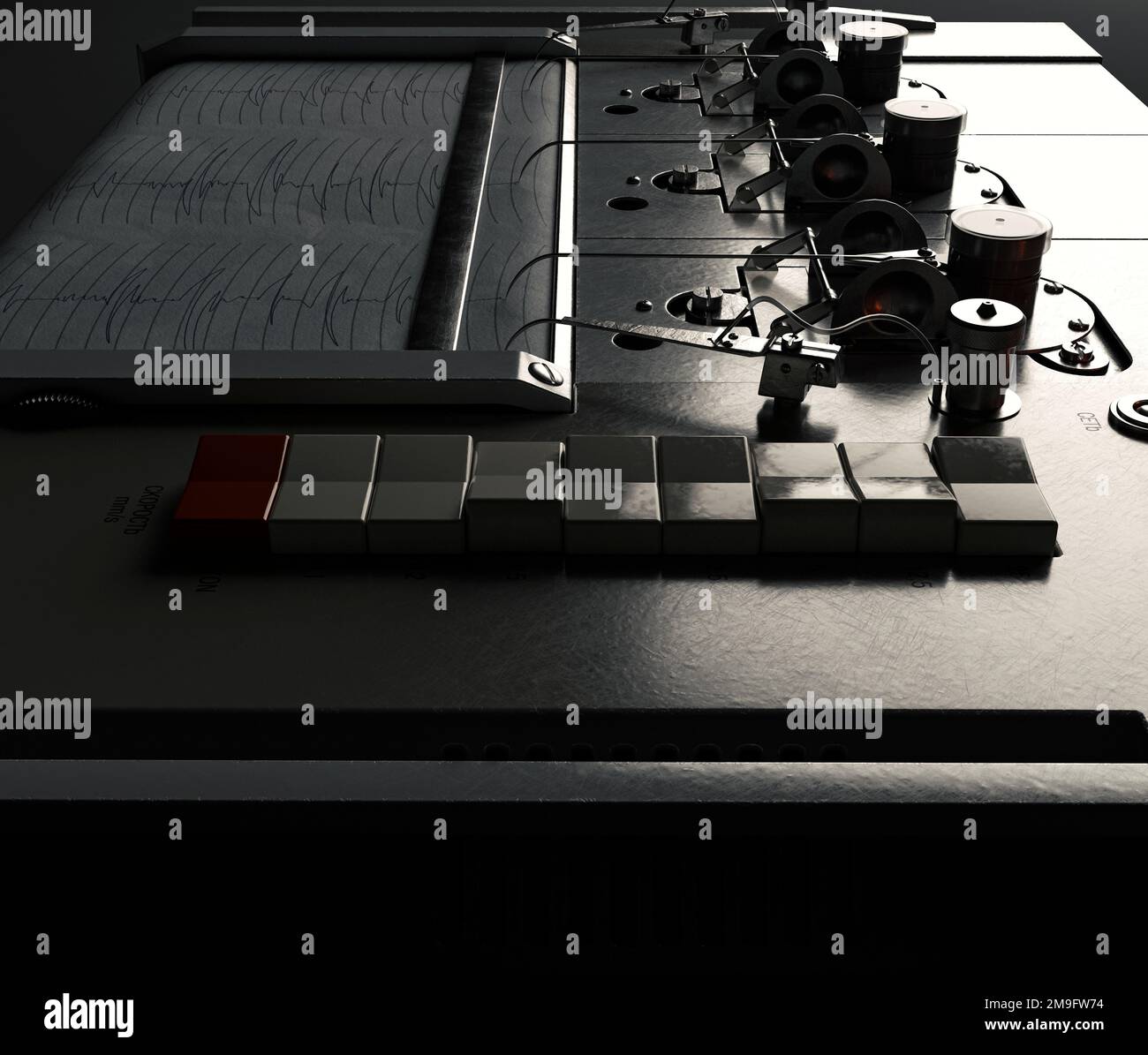 A russian polygraph lie detector machine drawing lines on graph paper ...