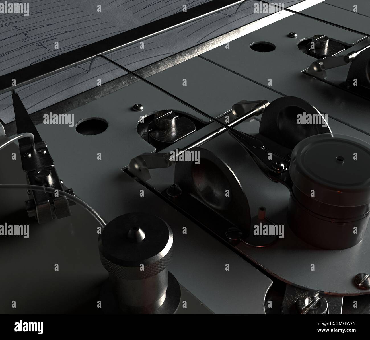 A russian polygraph lie detector machine drawing lines on graph paper ...