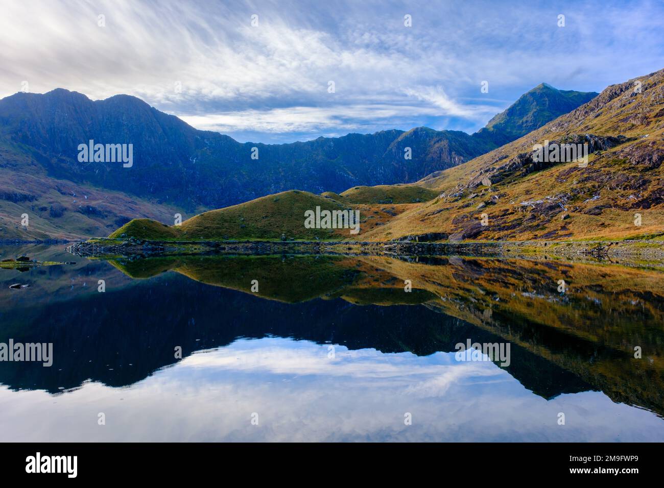 Perfect reflection of mountains in a lake in Snowdonia National Park, North Wales Stock Photo ...