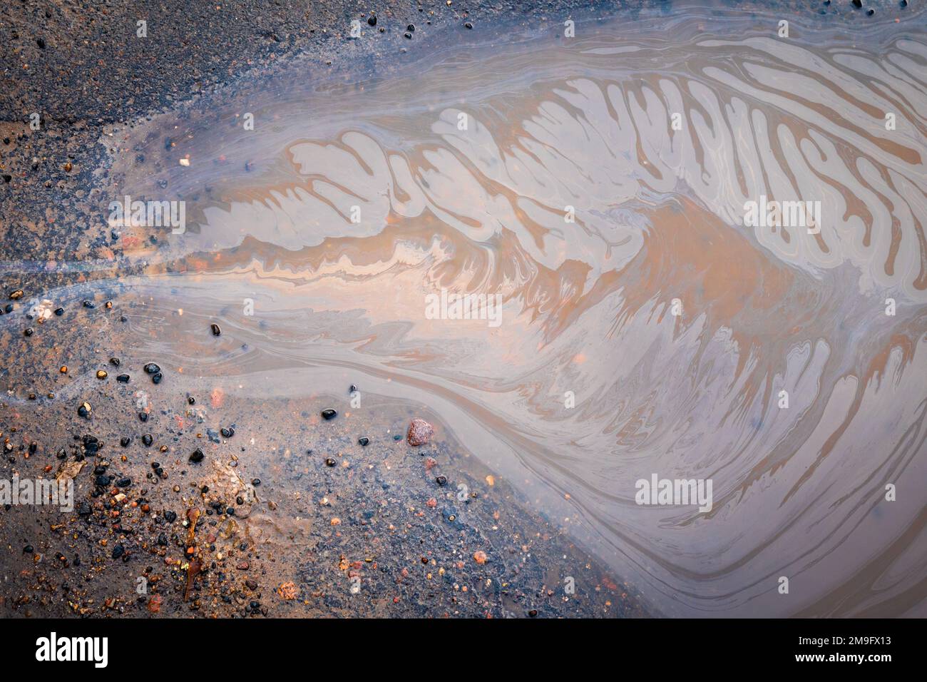 Colorful gasoline stain on the background of polluted water in a puddle ...