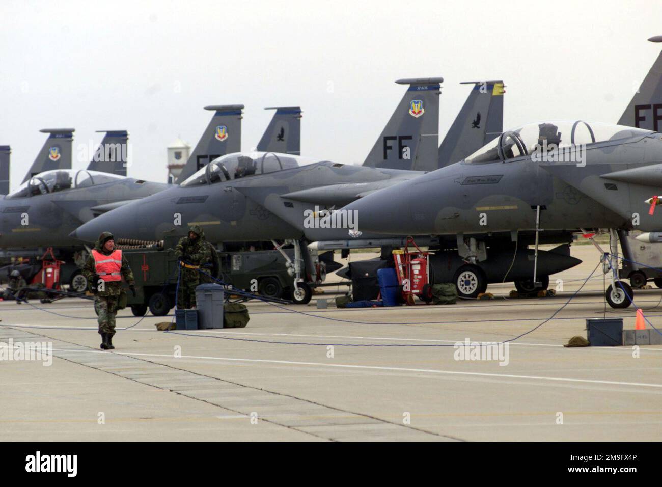 A row of US Air Force F-15C Strike Eagle aircraft from the1st Fighter ...