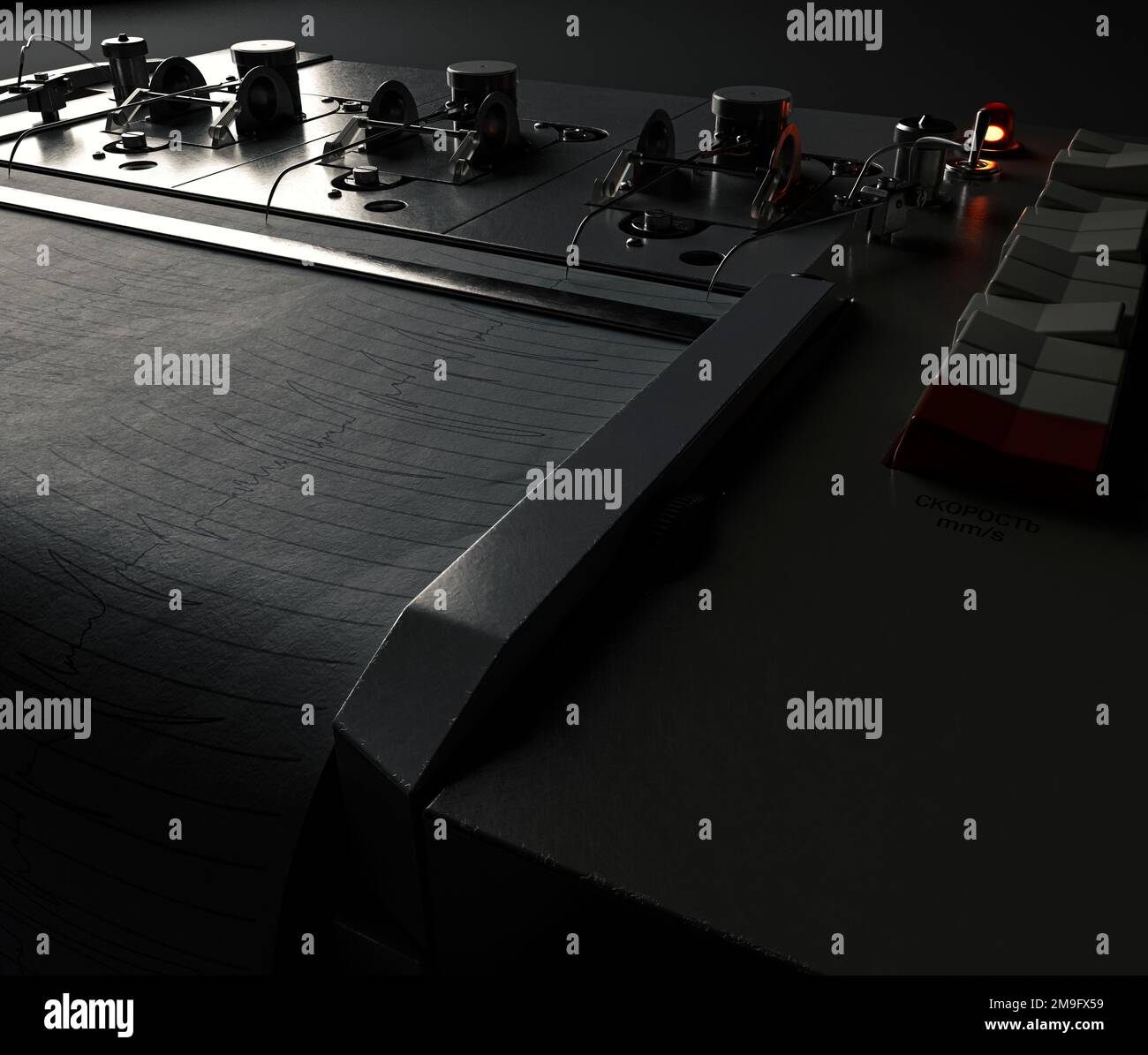 A russian polygraph lie detector machine drawing lines on graph paper ...