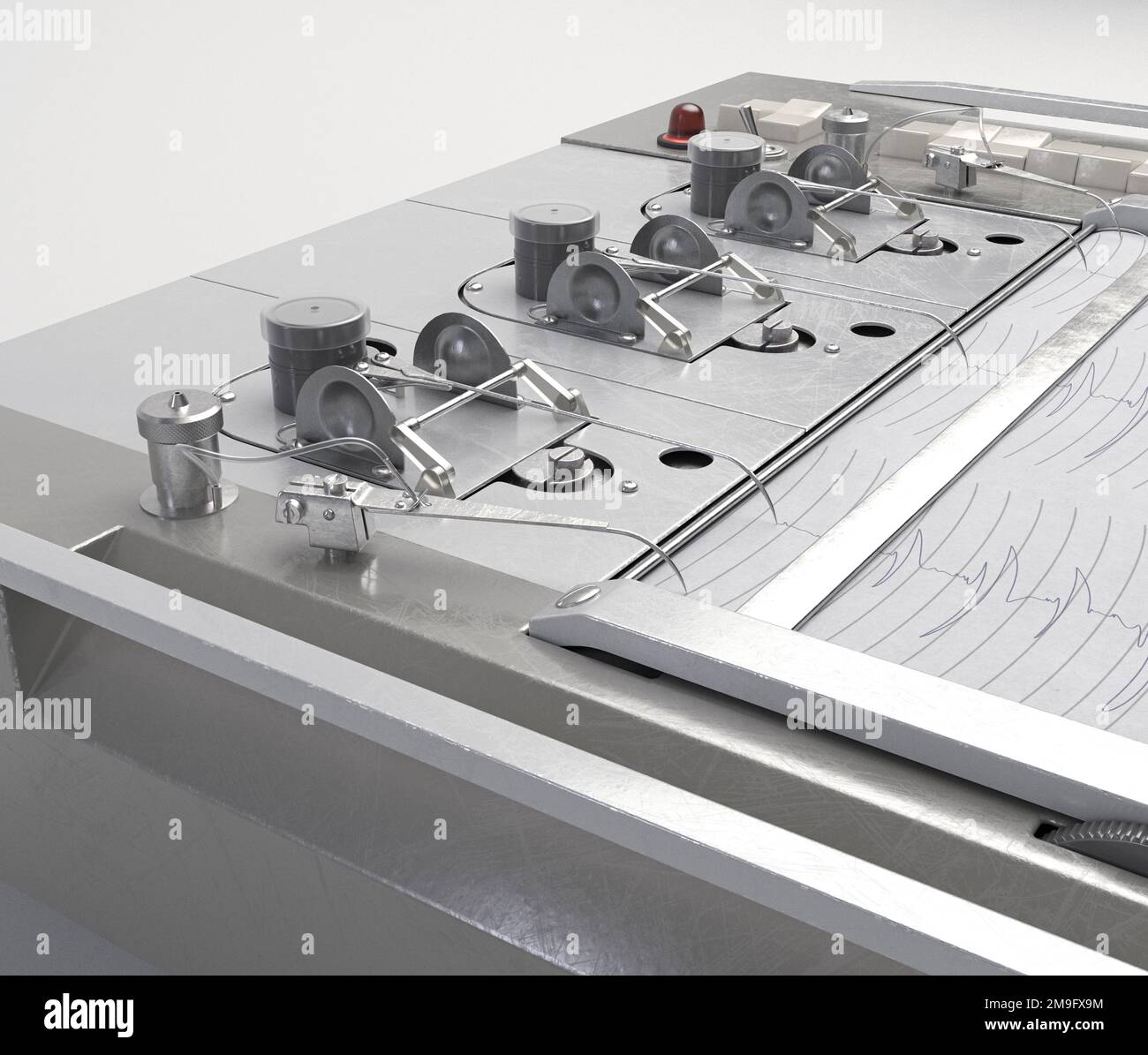 A russian polygraph lie detector machine drawing lines on graph paper ...