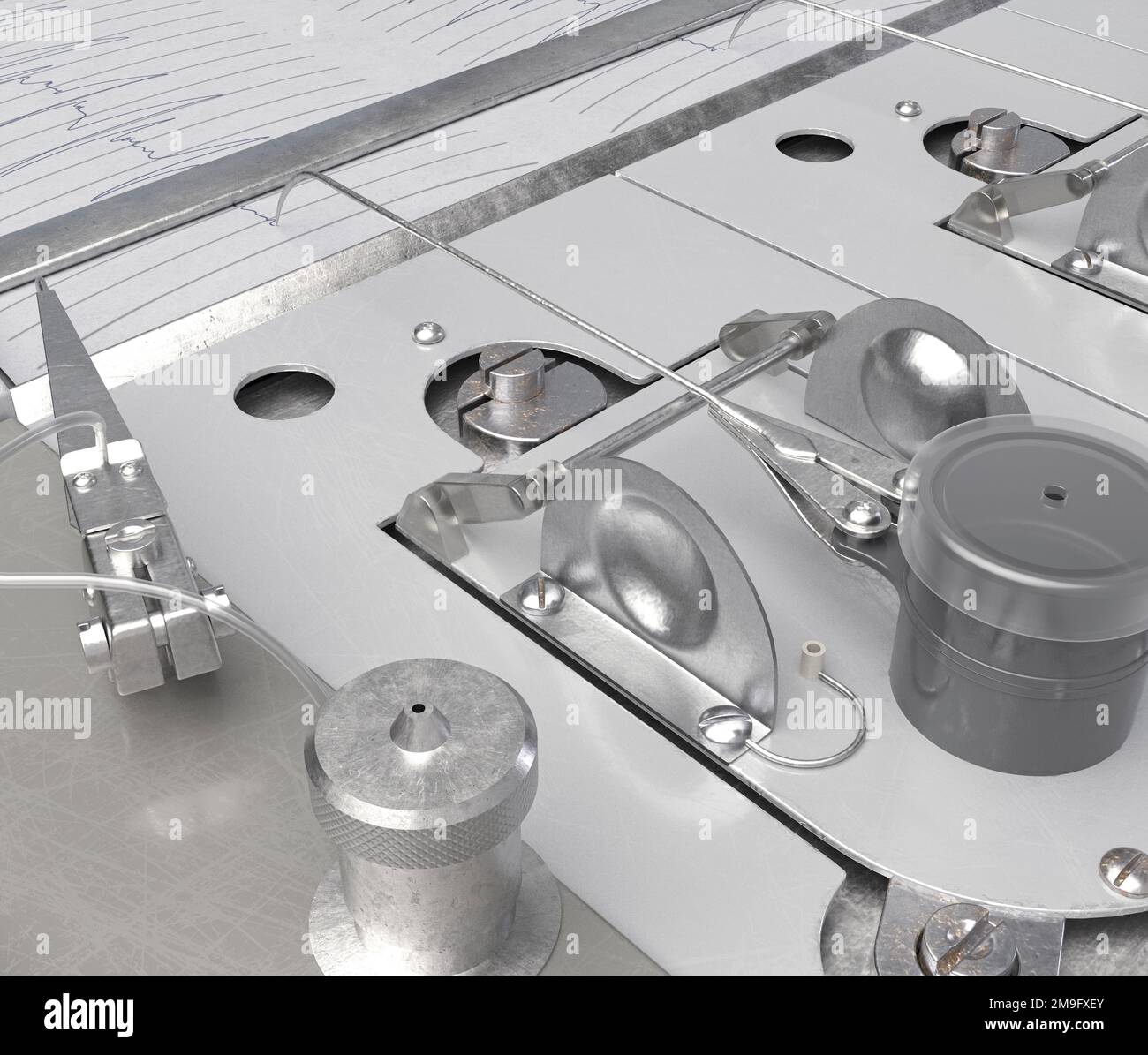 A russian polygraph lie detector machine drawing lines on graph paper ...