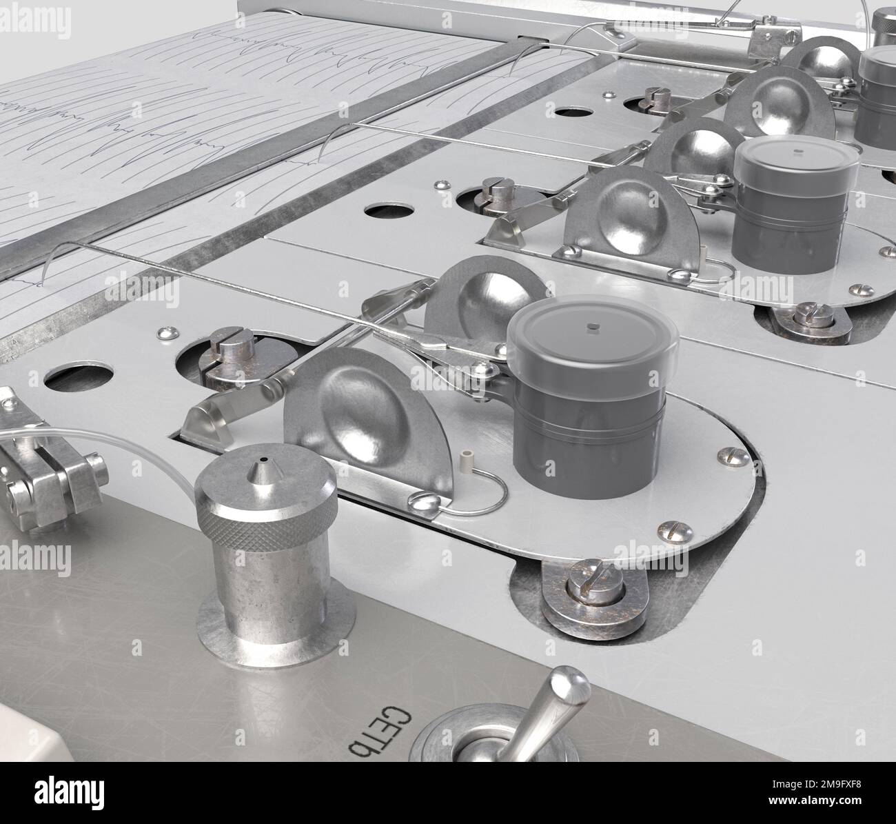 A russian polygraph lie detector machine drawing lines on graph paper ...