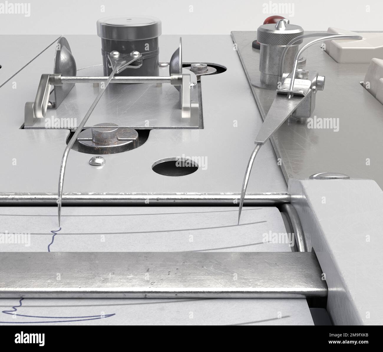 A russian polygraph lie detector machine drawing lines on graph paper ...
