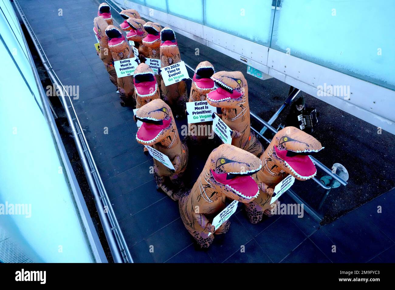 PETA (People for the Ethical Treatment of Animals) supporters dressed in dinosaur costumes with ...