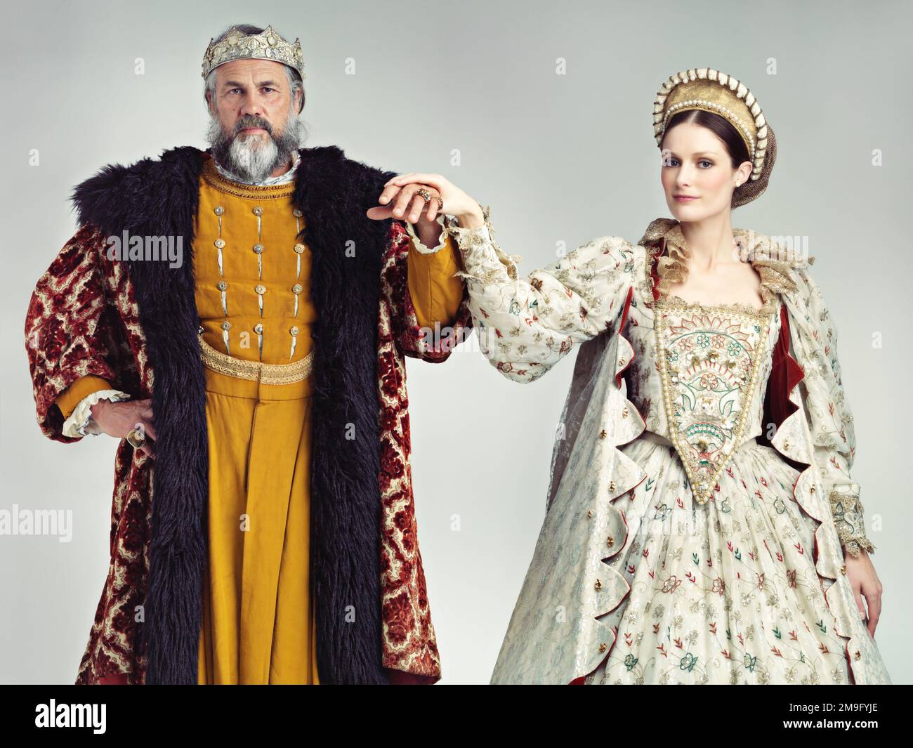 Love, victorian and couple with king and queen for renaissance, royalty ...