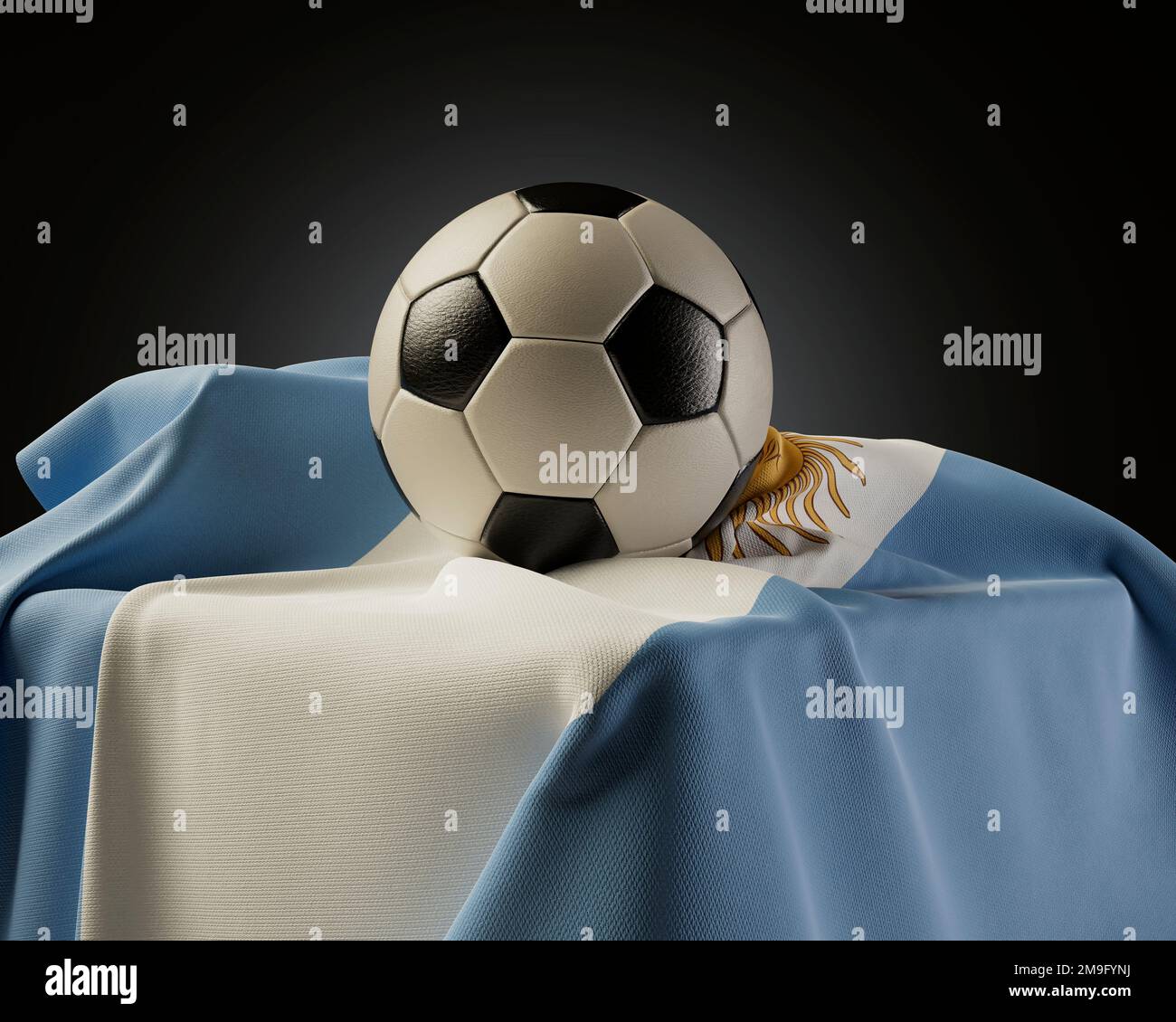 A regular soccer balls resting on an Argentina flag draped over a ...