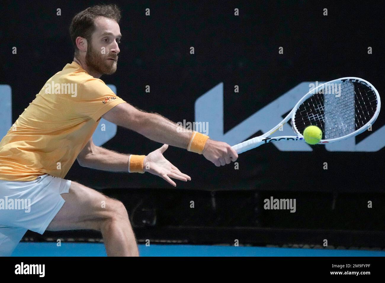Constant Lestienne of France plays a backhand return to Cameron Norrie ...
