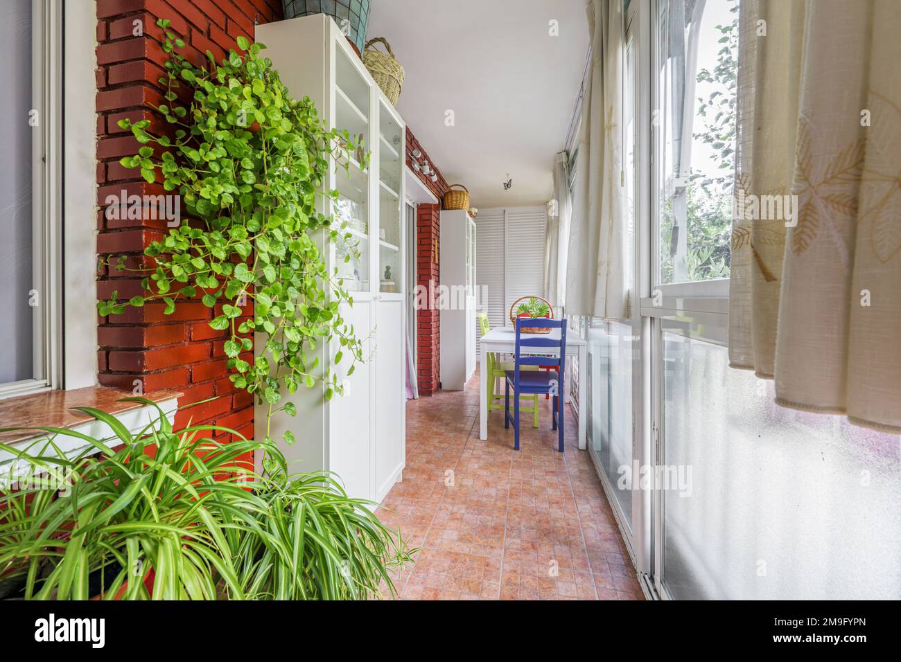 Closed terrace of a house with a white table and indoor hanging plants ...