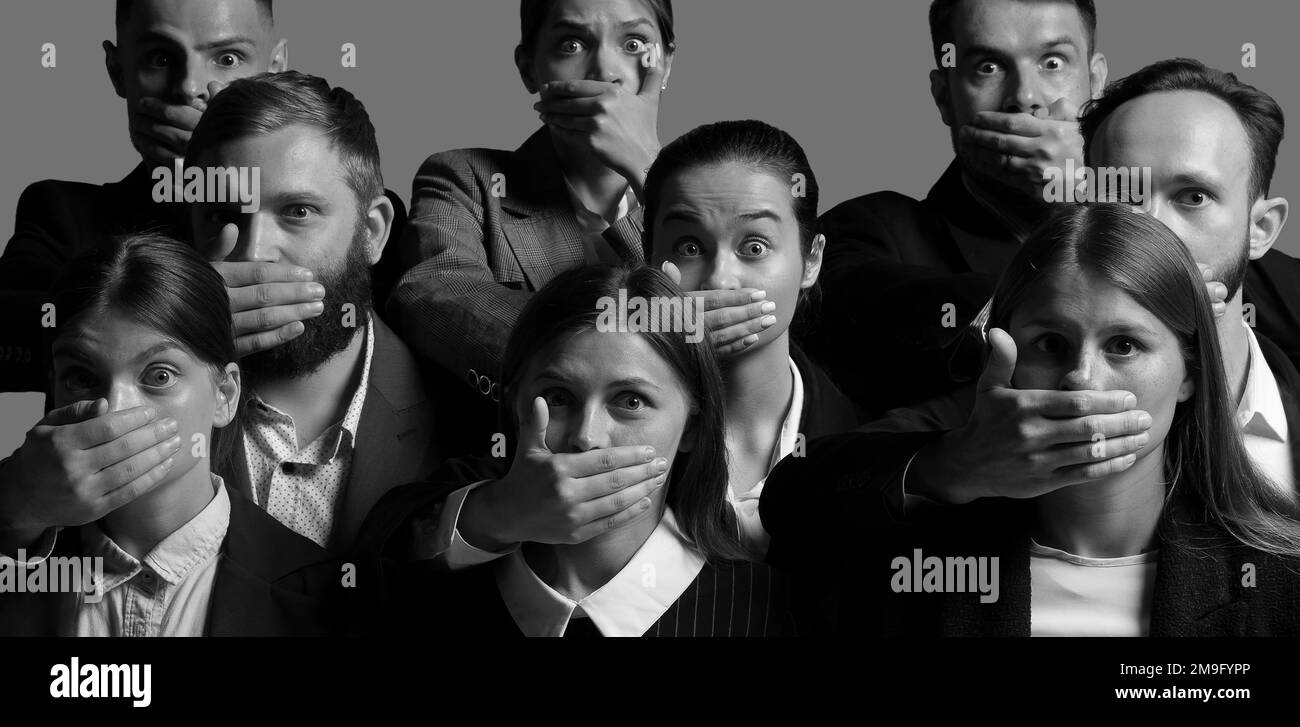 Black and white portraits of young people with hands close their mouth ...