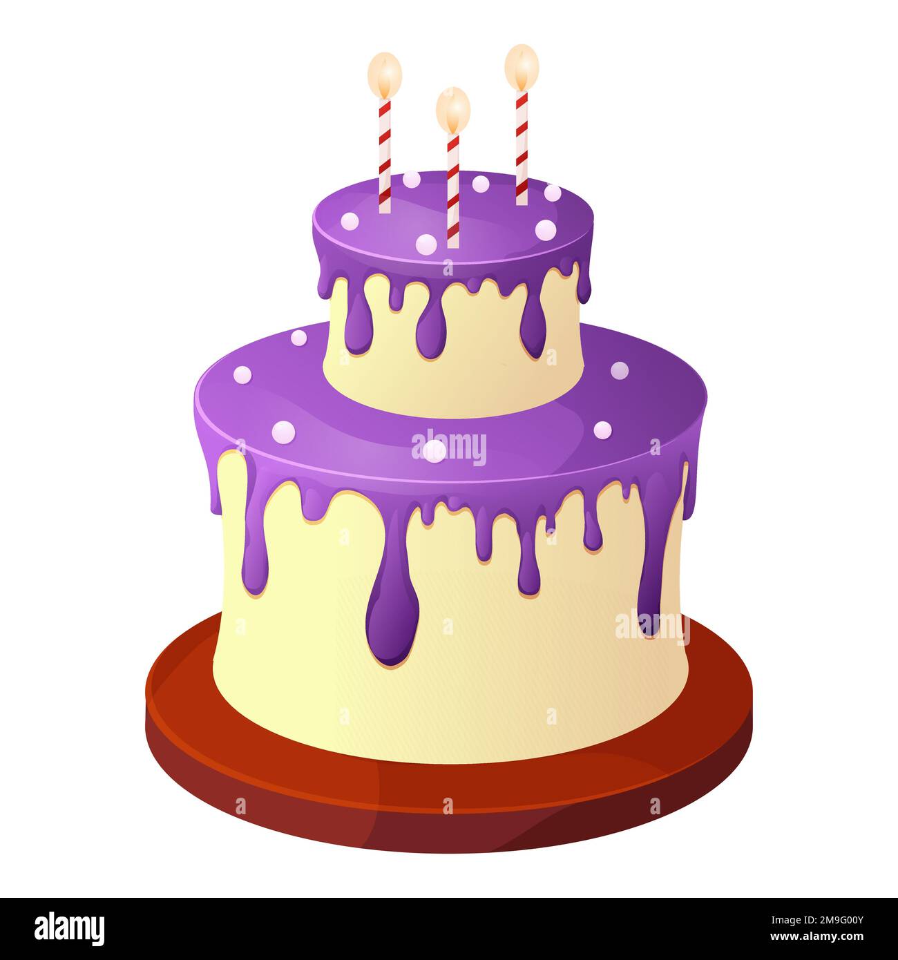 Birthday cake on wooden plate with cream, drip, candles, anniversary ...