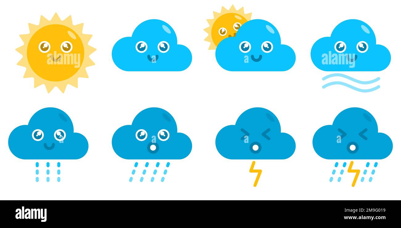 Weather sun cloud wind rain thunder cute kawaii cartoon vector concept ...
