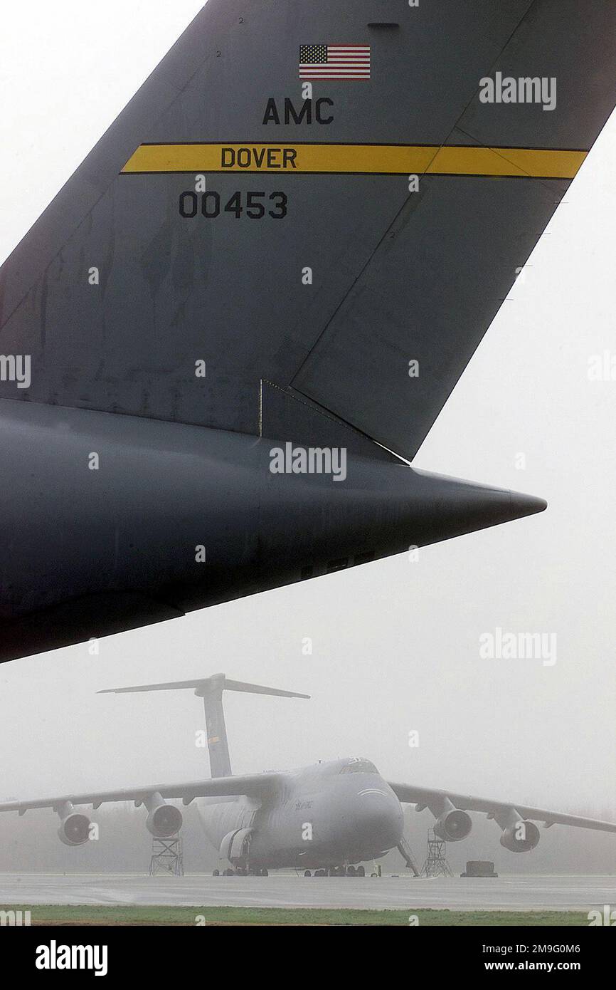 Shot of a C-5 aircraft on the flightline at the Dover Air Force Base ...