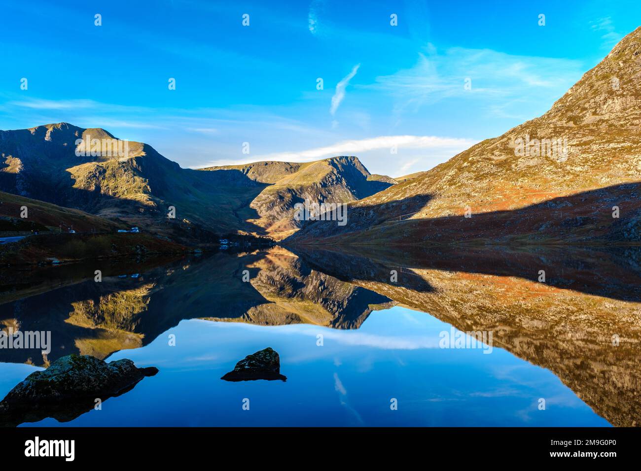 Perfect reflection of mountains in a lake in Snowdonia National Park, North Wales Stock Photo ...