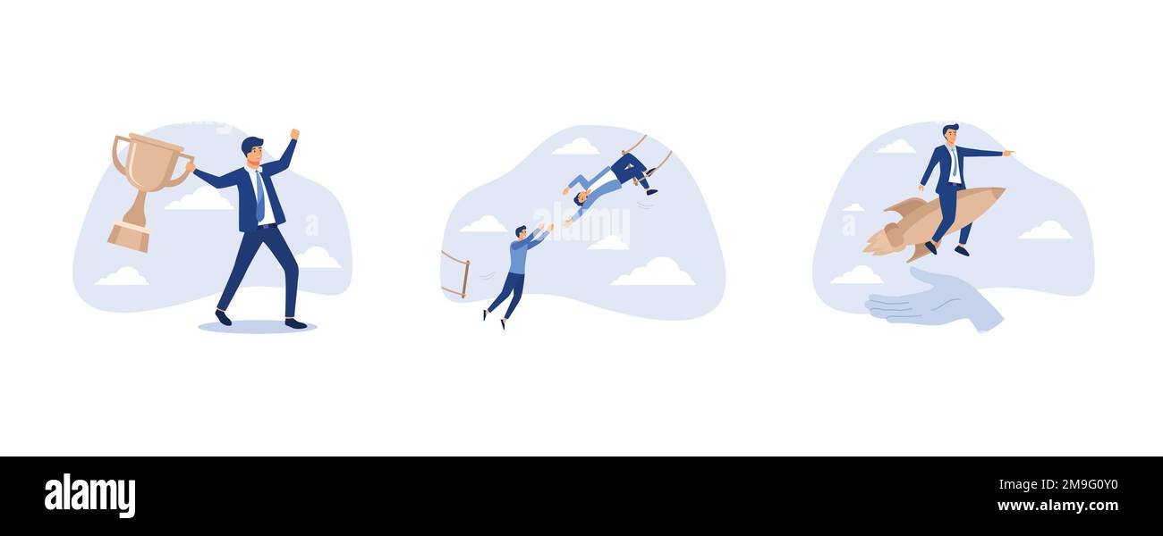 Celebrate work achievement, businessman trapeze perform jumping and ...