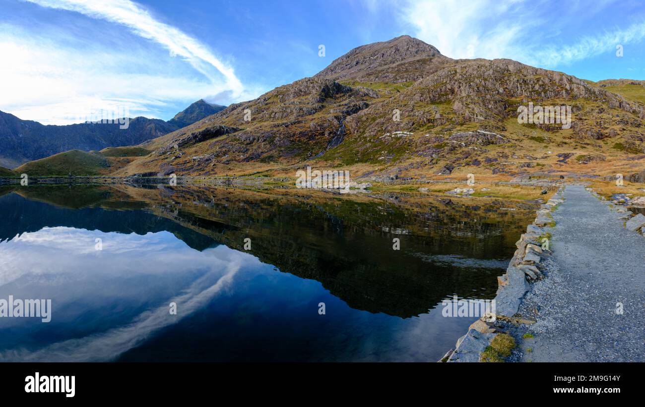 Perfect reflection of mountains in a lake in Snowdonia National Park, North Wales Stock Photo ...