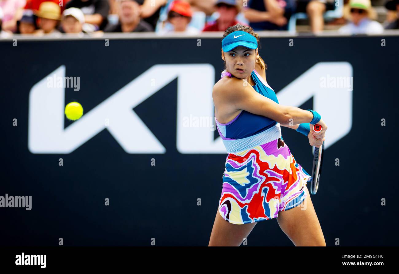 Emma Raducanu of Great Britain in action against Tamara Korpatsch of Germany during the first ...