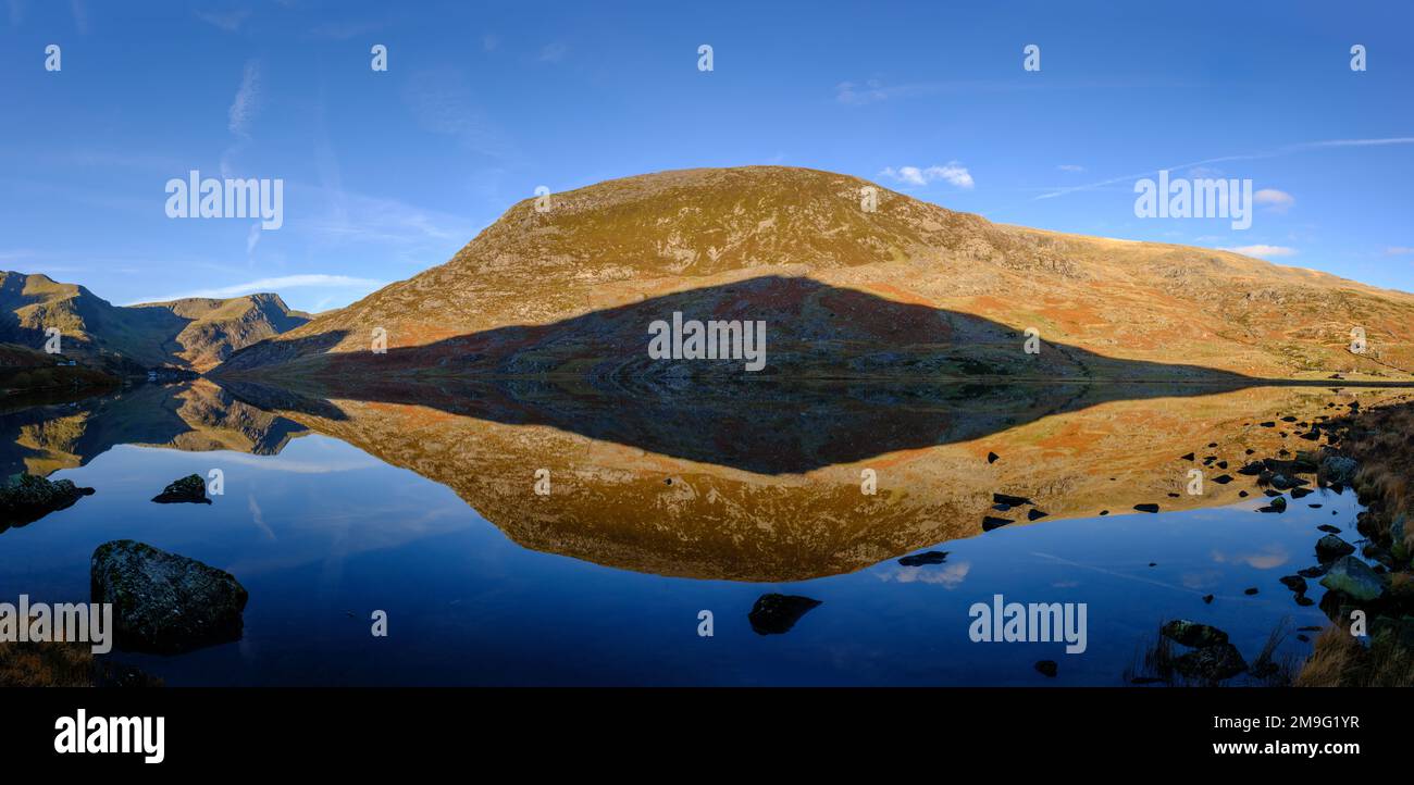 Perfect reflection of mountains in a lake in Snowdonia National Park, North Wales Stock Photo ...