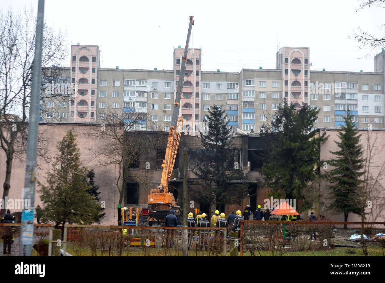 Brovary, Ukraine, January 18, 2023. Rescuers remove rubble at the scene ...