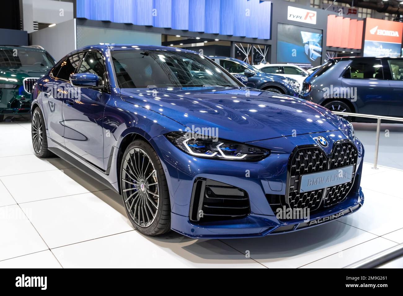 BMW Alpina B4 Gran Coupe car showcased at the Brussels Autosalon ...