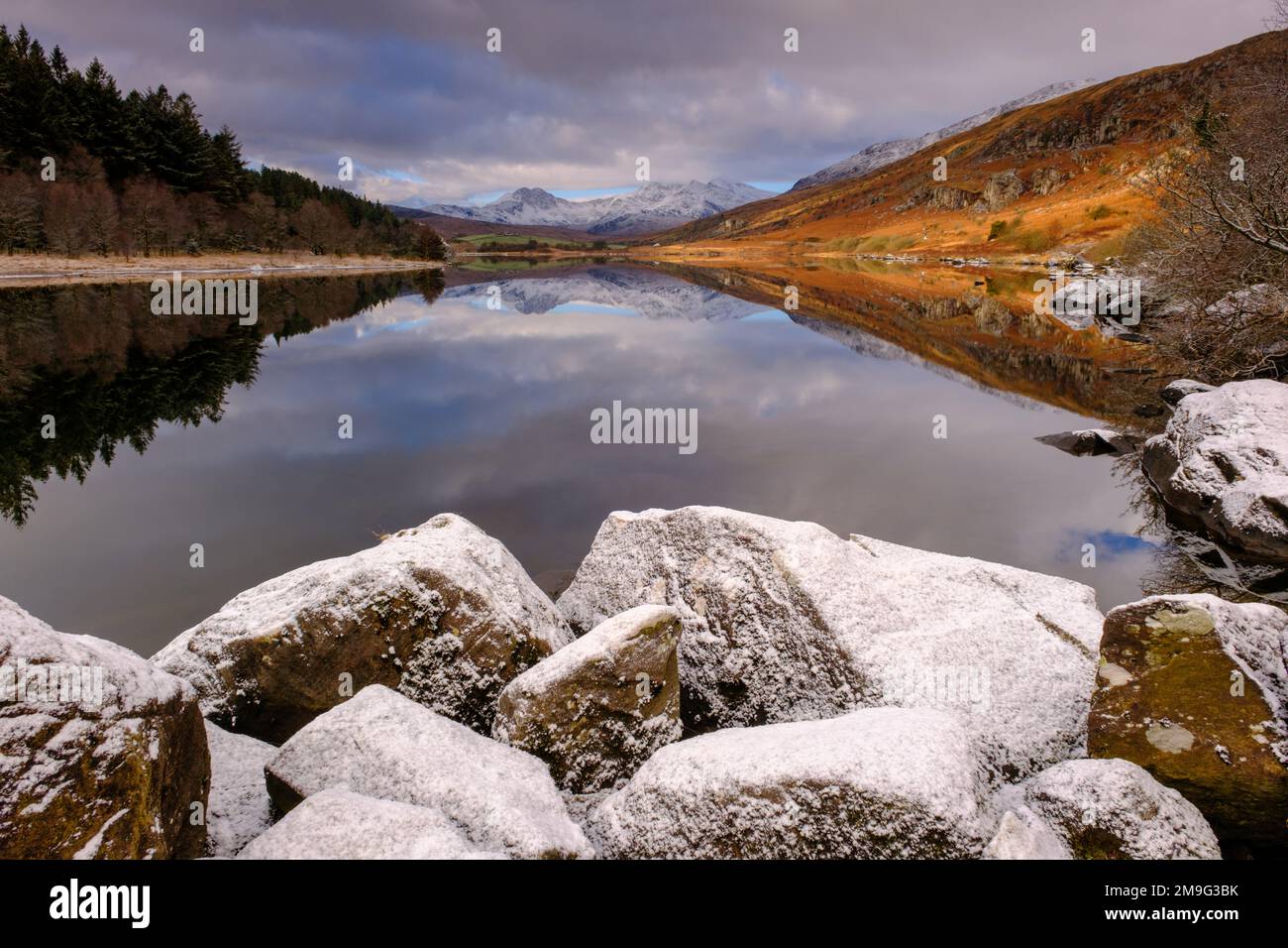Perfect reflection of snow covered Snowdon Horseshoe mountains in a lake in Snowdonia National ...