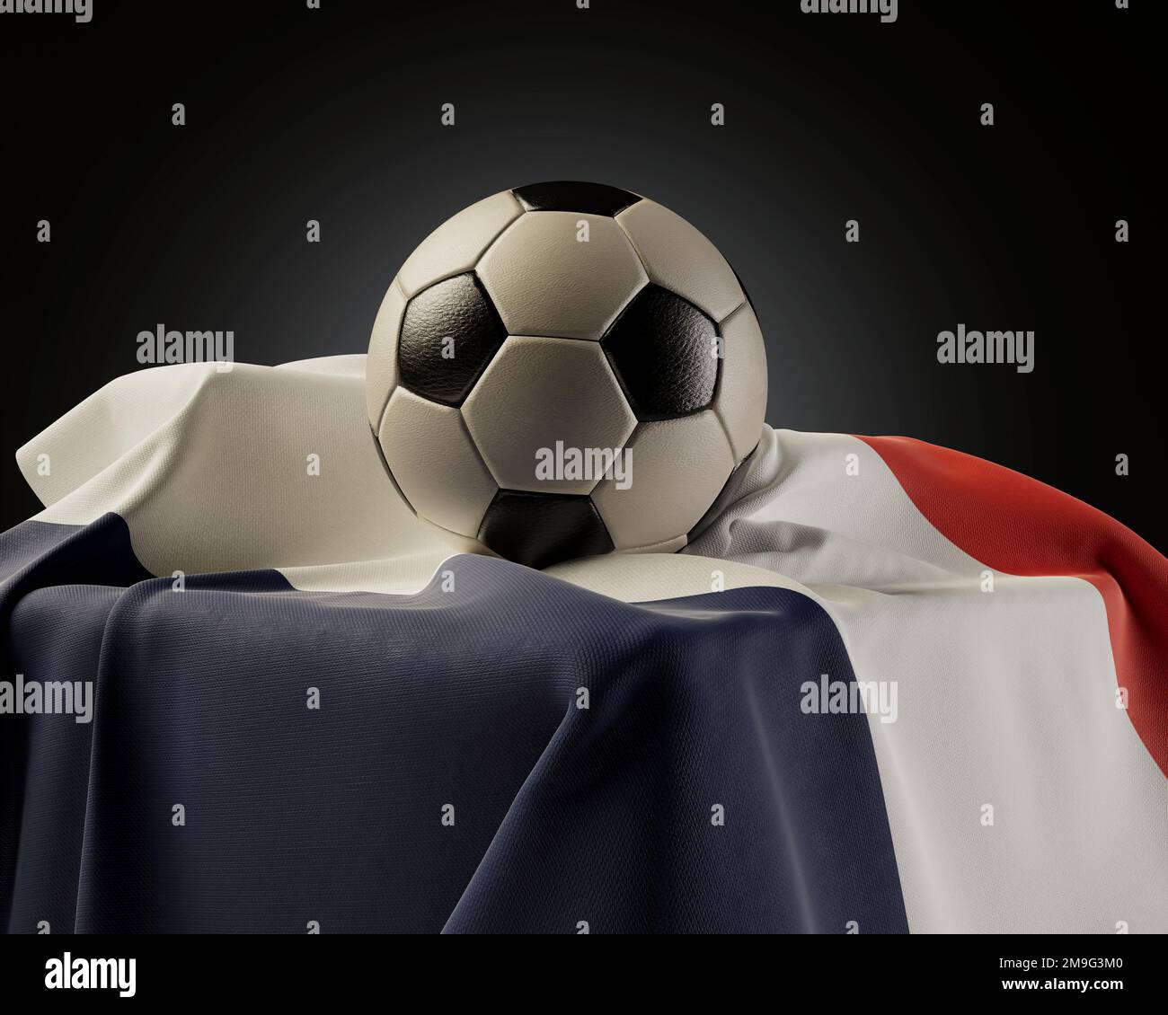 A regular soccer balls resting on a France flag draped over a plinth on ...