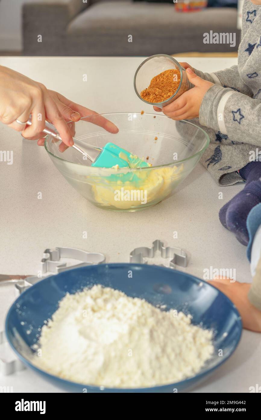 children with their mother preparing a cake mixing the ingredients ...