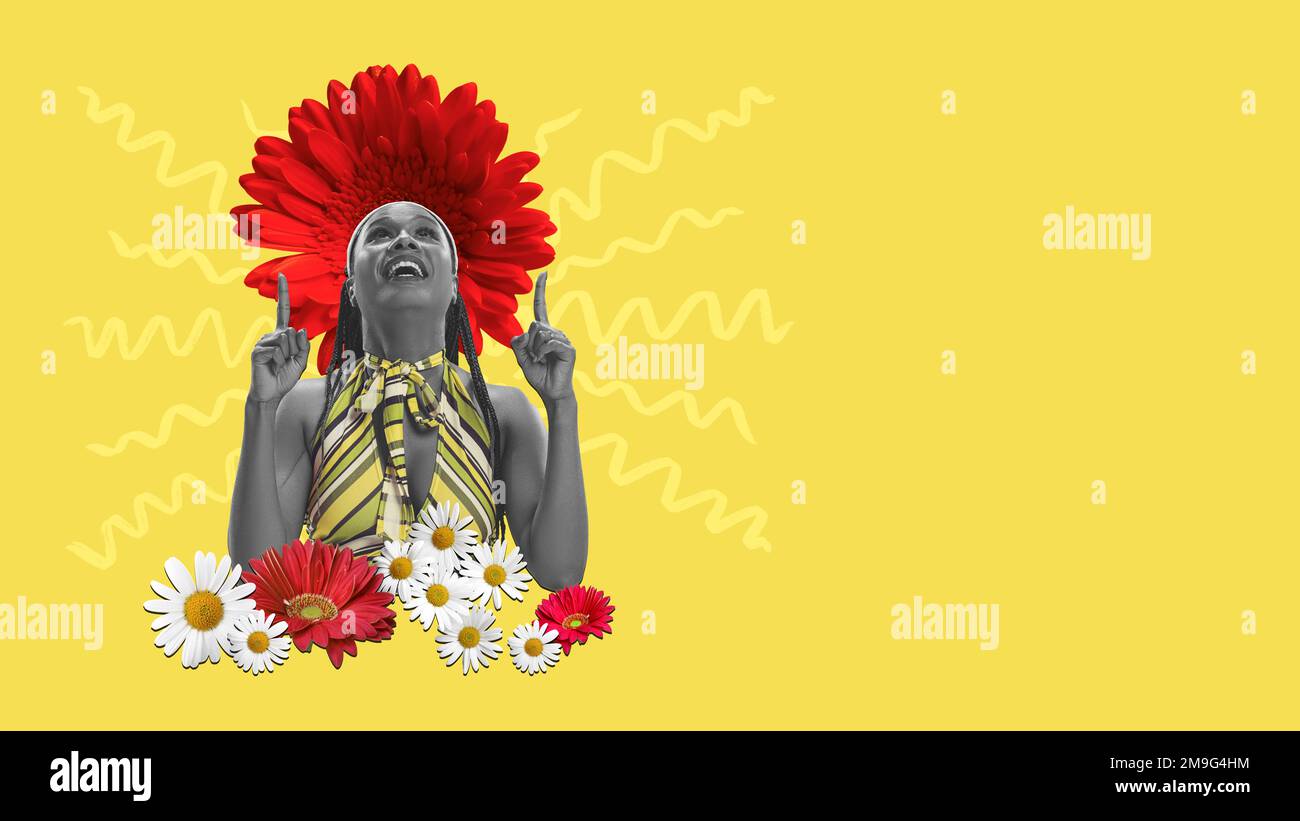 Creative colorful design. Modern art collage. Happy, smiling young ...