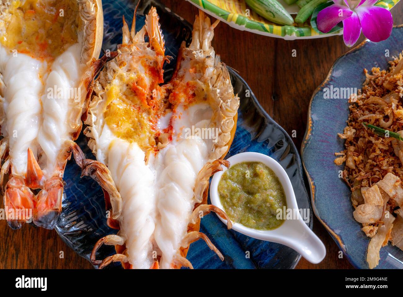 Grilled giant river prawn in a Thai luxury restaurant. Seafood in ...