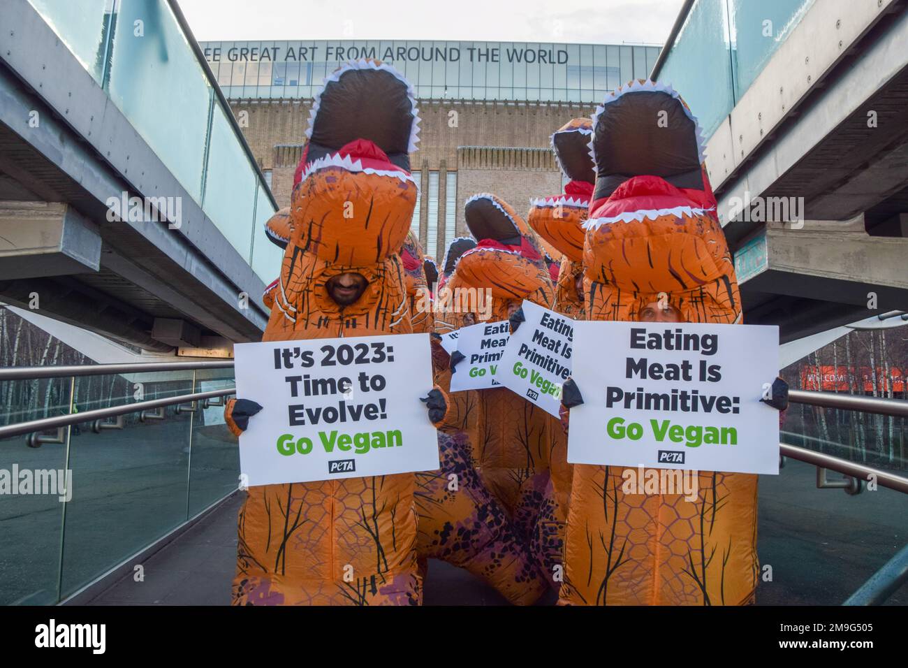 London, England, UK. 18th Jan, 2023. PETA activists wearing dinosaur ...