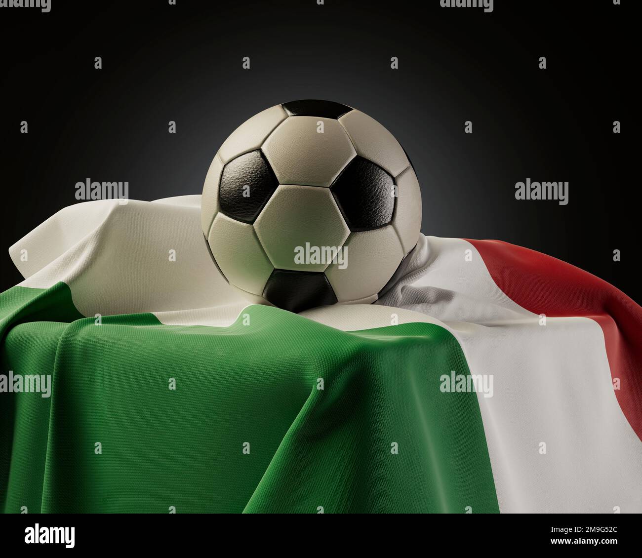 A regular soccer balls resting on a Italy flag draped over a plinth on ...