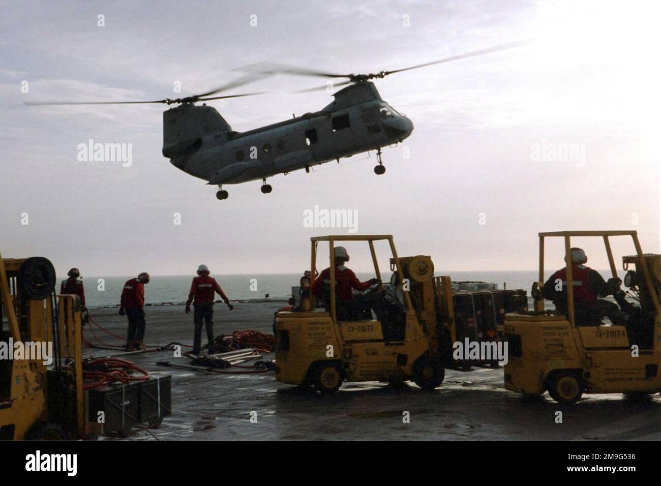 A Ch-46 Sea Knight helicopter prepares to land as US Navy Aviation ...
