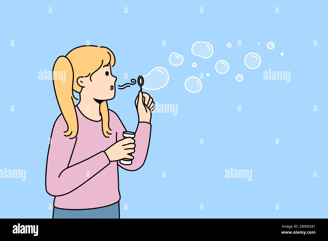 Happy girl child have fun blowing soap bubbles. Smiling kid blow soapsuds. Childhood game ...