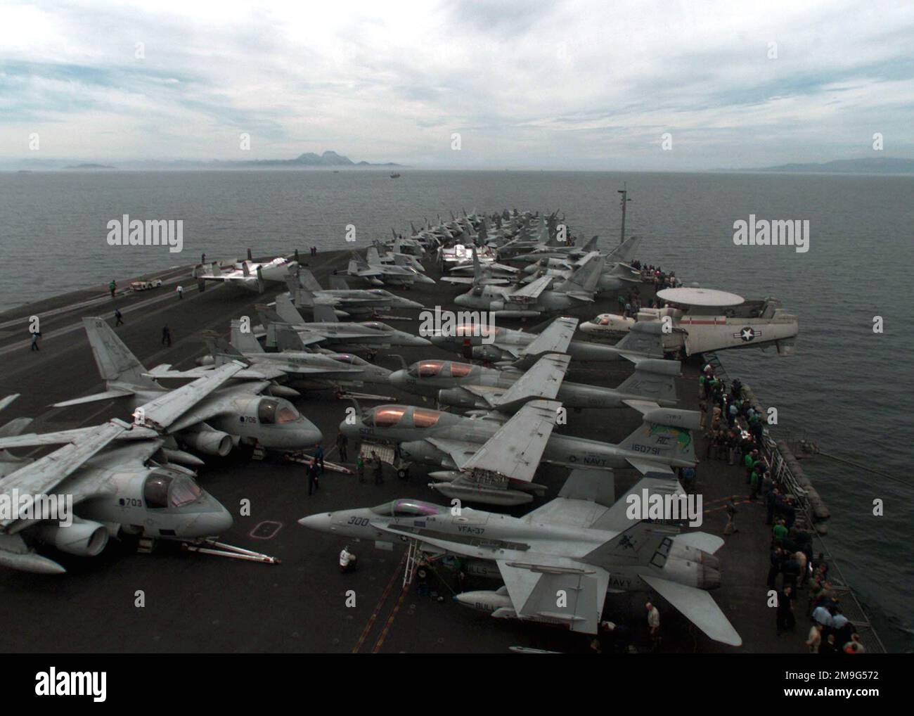 Shot of the flight deck, with F/A-18 Hornet, S-3B Viking and E-2C ...