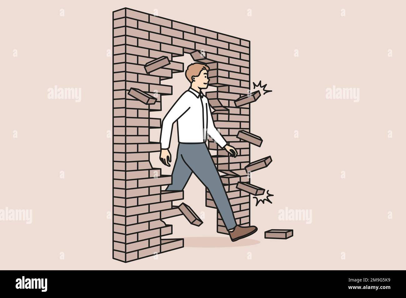 Confident businessman walk through crashed brick wall achieve business ...