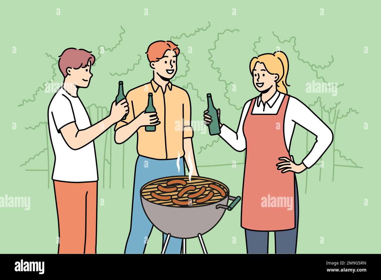 Smiling young people enjoy barbecue drinking beer outdoors. Happy ...