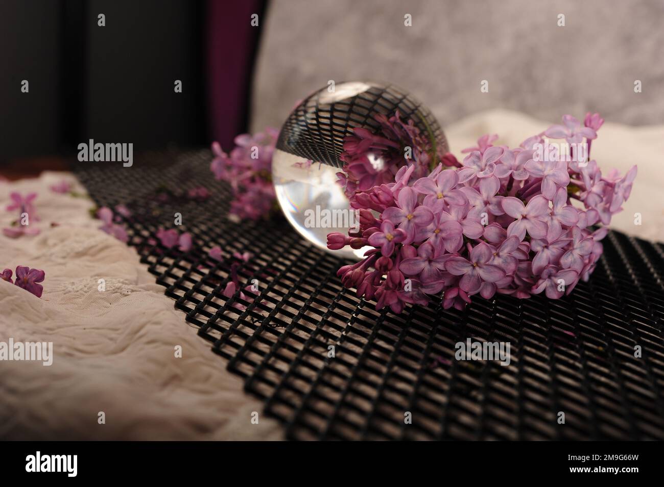 Glass lens ball and lilac flowers on metal grid. Horizontal photo with ...