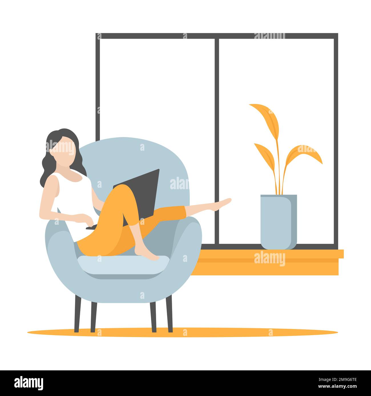 Woman relaxing in armchair with laptop. Vector illustration Stock ...