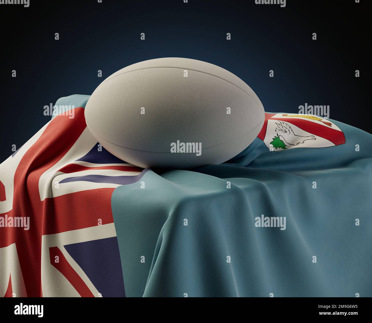 A regular rugby ball resting on a Fiji flag draped over a plinth on an ...