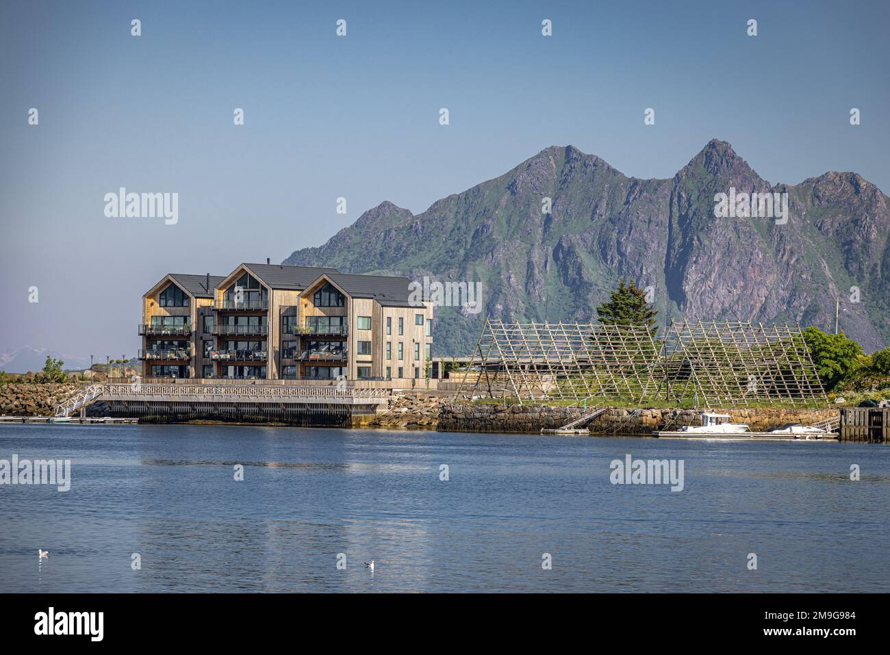 Rorbuer and fishing racks at Svolvaer harbour, Lofoten Islands ...